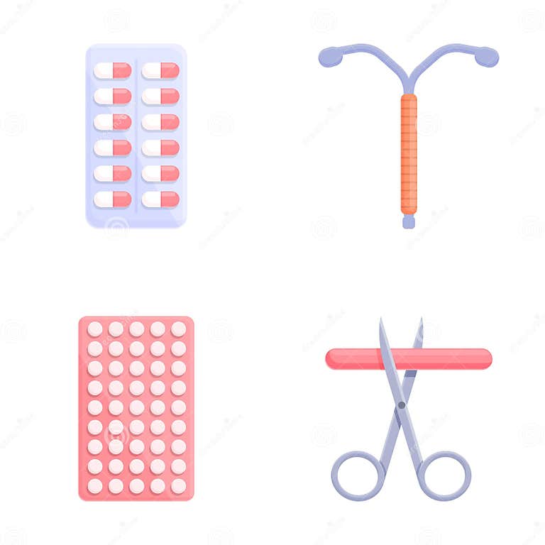 Female Contraceptive Icons Set Cartoon Vector Different Type Of