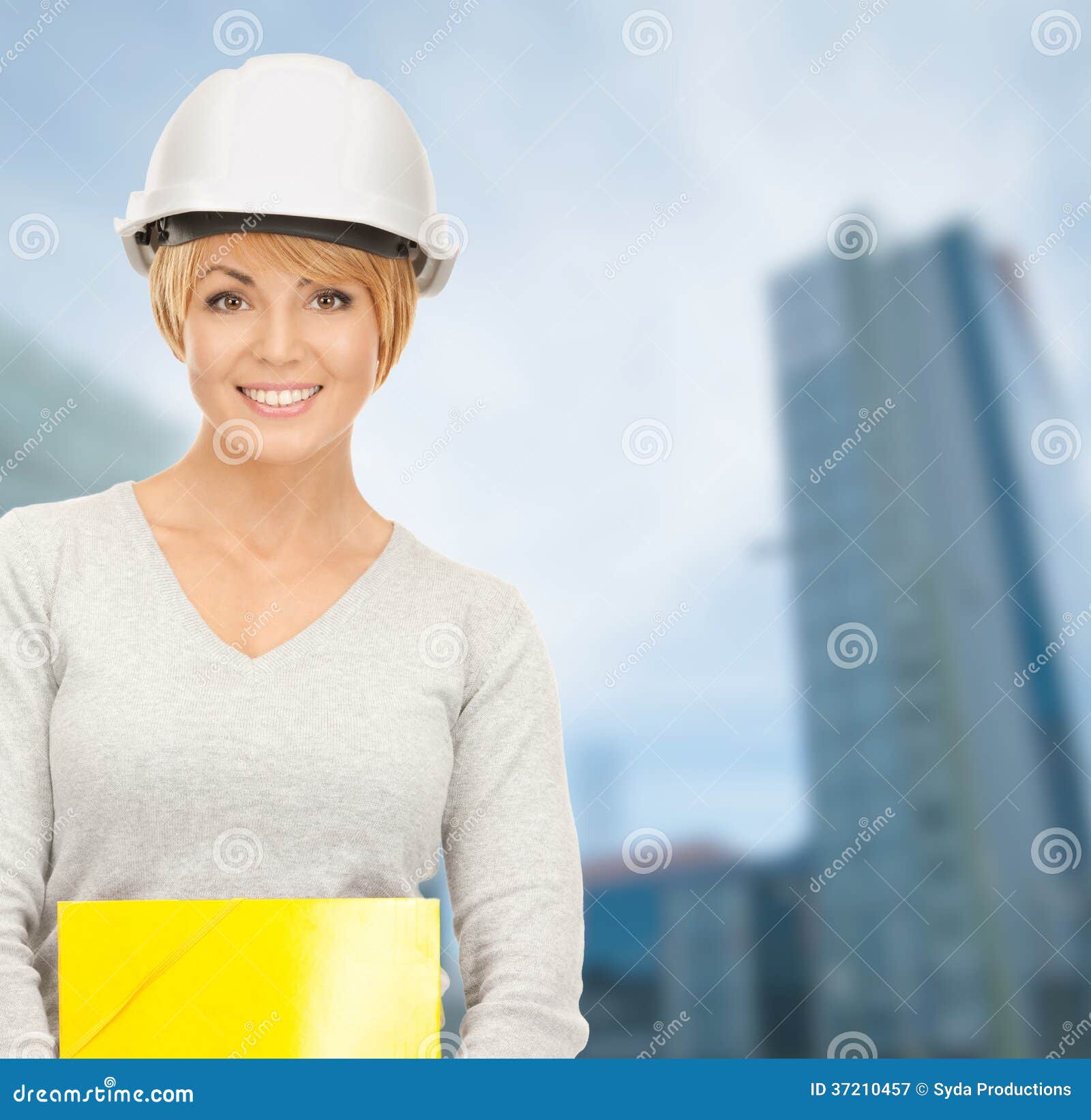 Female Contractor in Helmet with Bluepring Stock Image - Image of ...