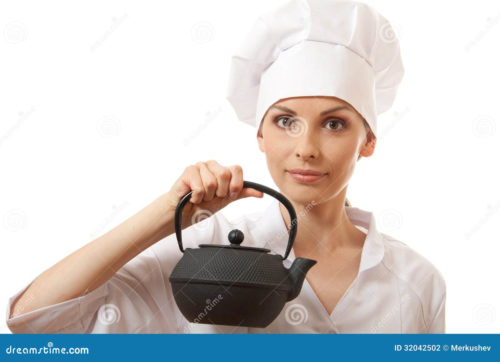 Female Cook / Chef in Uniform with Teapot Stock Photo - Image of smile ...