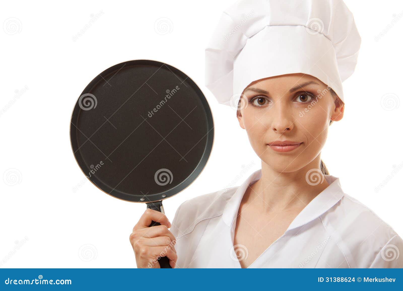 Female Cook / Chef in White Uniform with Pan Stock Photo - Image of ...