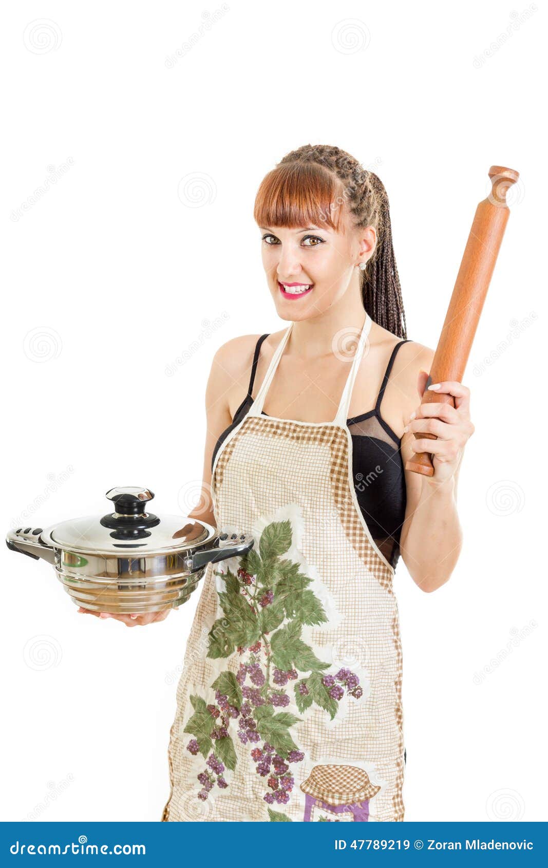Female Cook with Saucepan and Rolling Pin in the Kitchen Stock Image ...