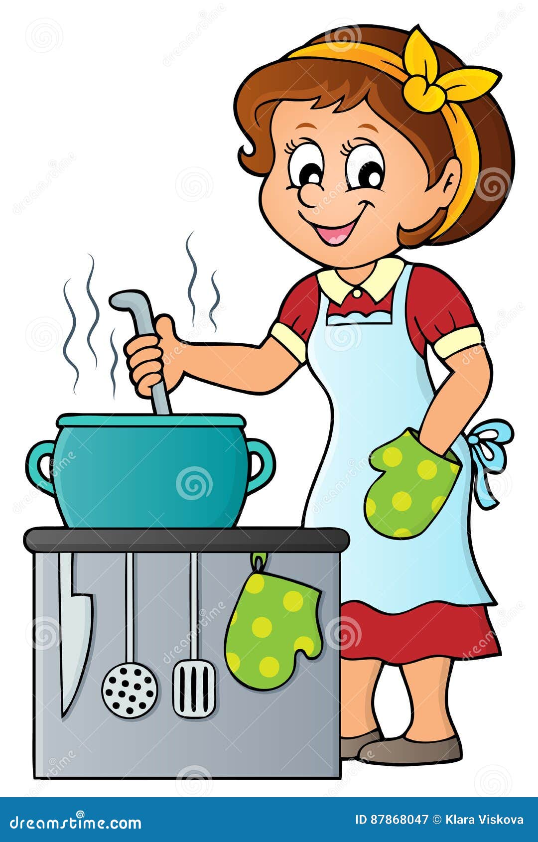 Female Cook With Oven Mitt Holds Steel Cooking Pot. Women In White ...