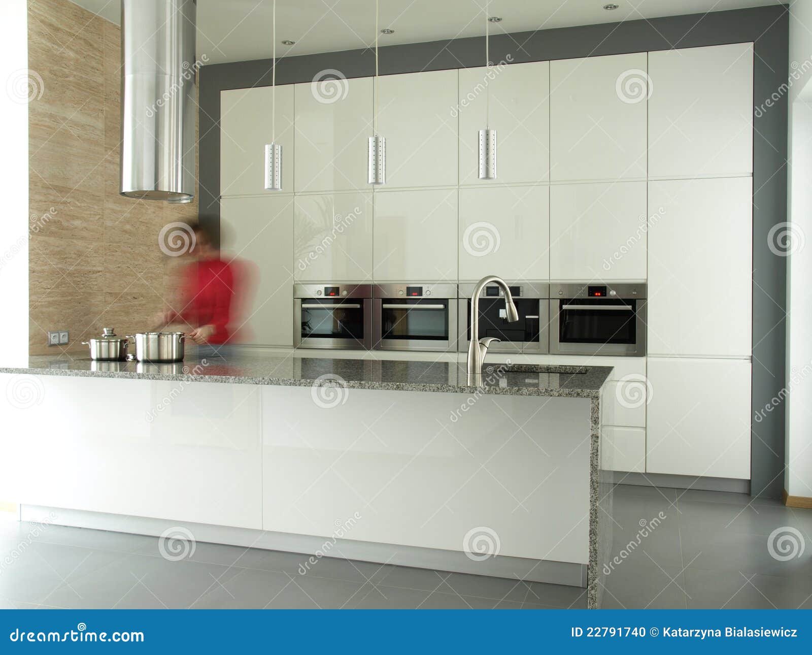 Female Cooking in Modern Kitchen Interior Stock Photo - Image of light ...