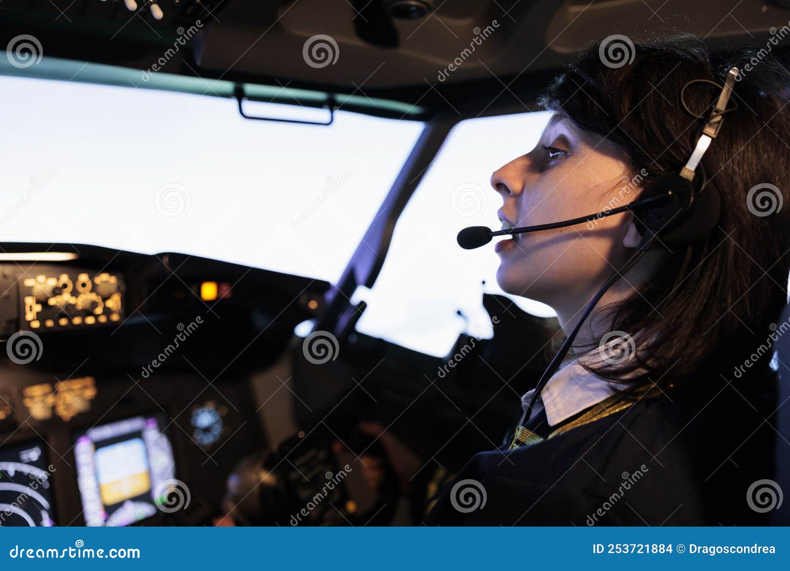 Female Copilot Flying Plane From Cockpit With Dashboard Command Royalty ...