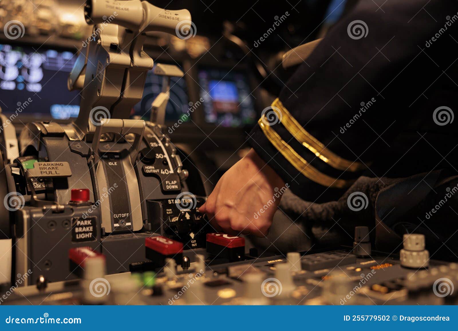 Female Copilot Pushing Dashboard Buttons in Plane Cockpit Stock Photo ...