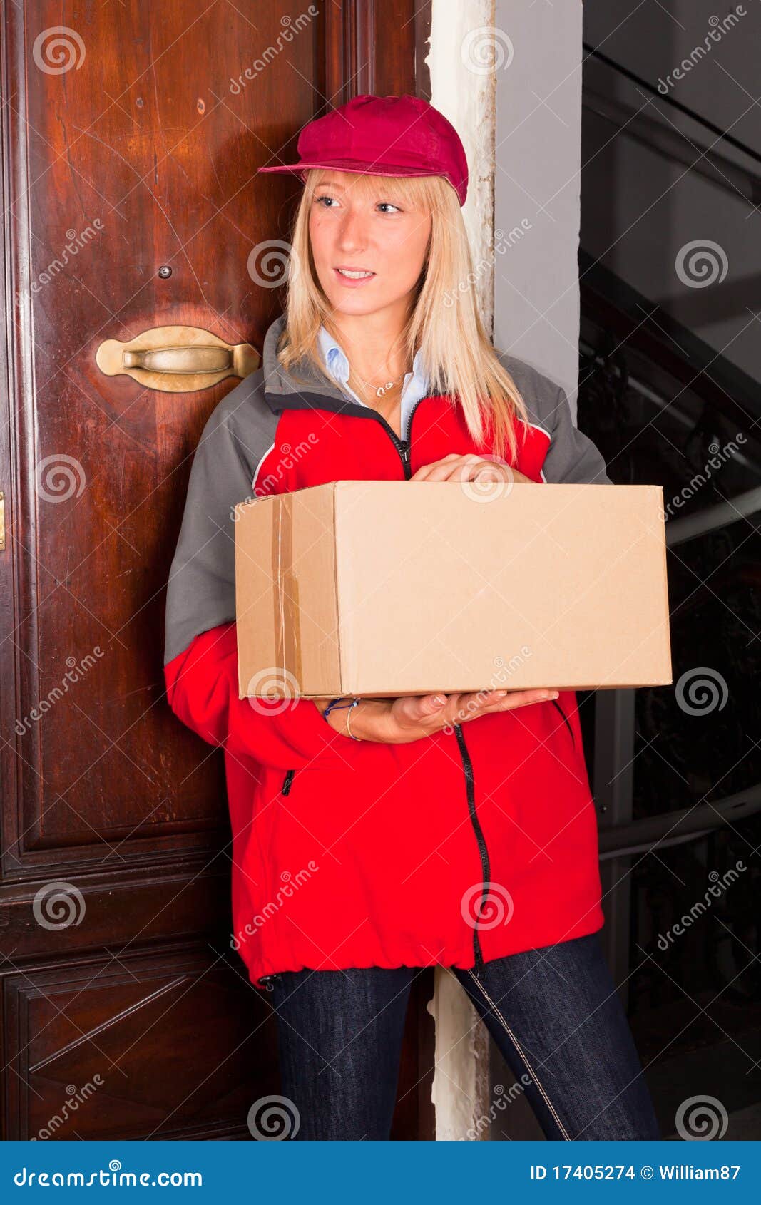Female Courier stock photo. Image of cheerful, door, home - 17405274