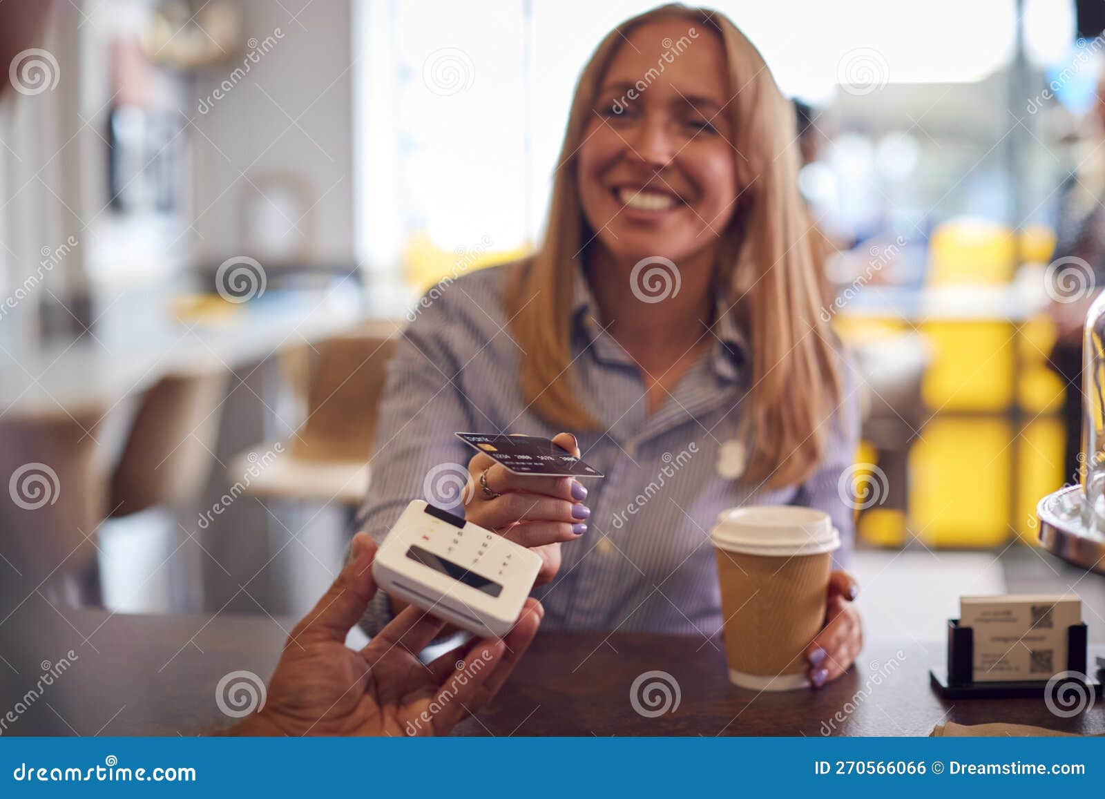 Female Customer Making Contactless Payment in Coffee Shop Using Debit ...