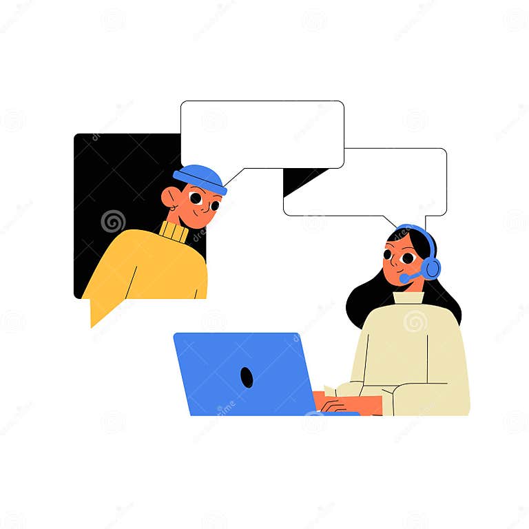 Female Customer Support Agent Interacting with Client in Flat Vector ...
