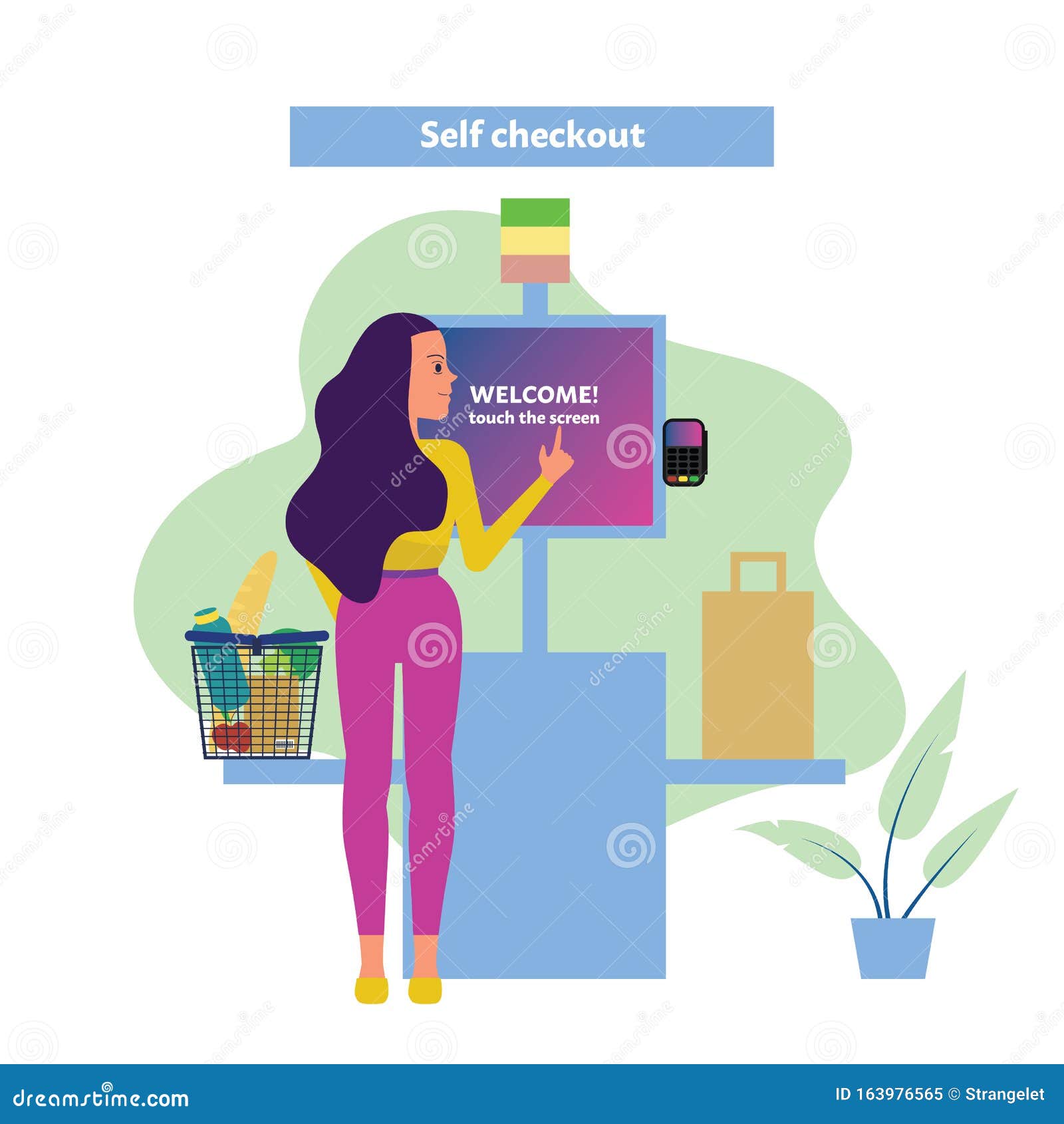 Female Customer Uses Self Checkout Counter in Supermarket, Self Service ... Female Customer Uses Self Checkout Counter in Supermarket, Self Service ...
