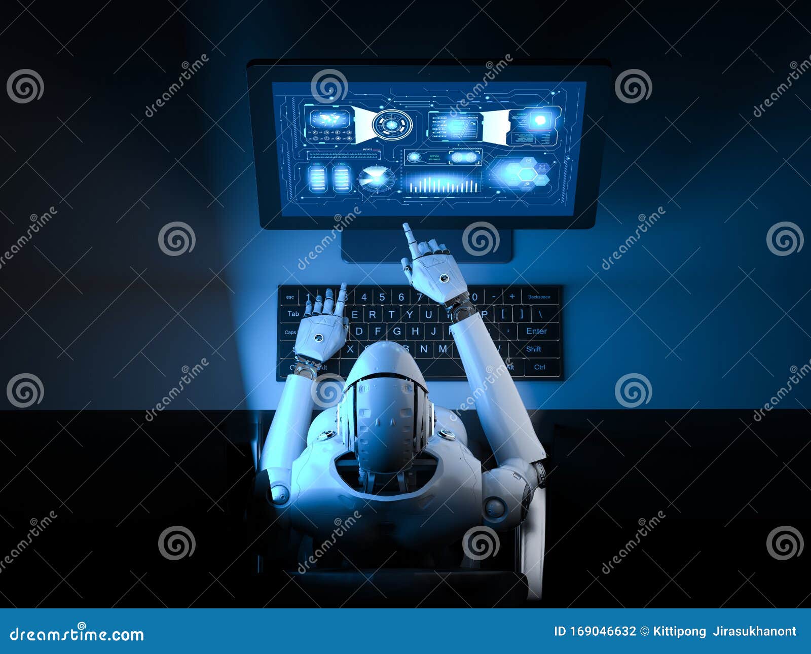 Female Cyborg with Computer Stock Illustration - Illustration of data ...