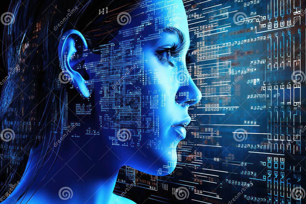 Female Cyborg Face with Binary Code Background. Stock Illustration ...