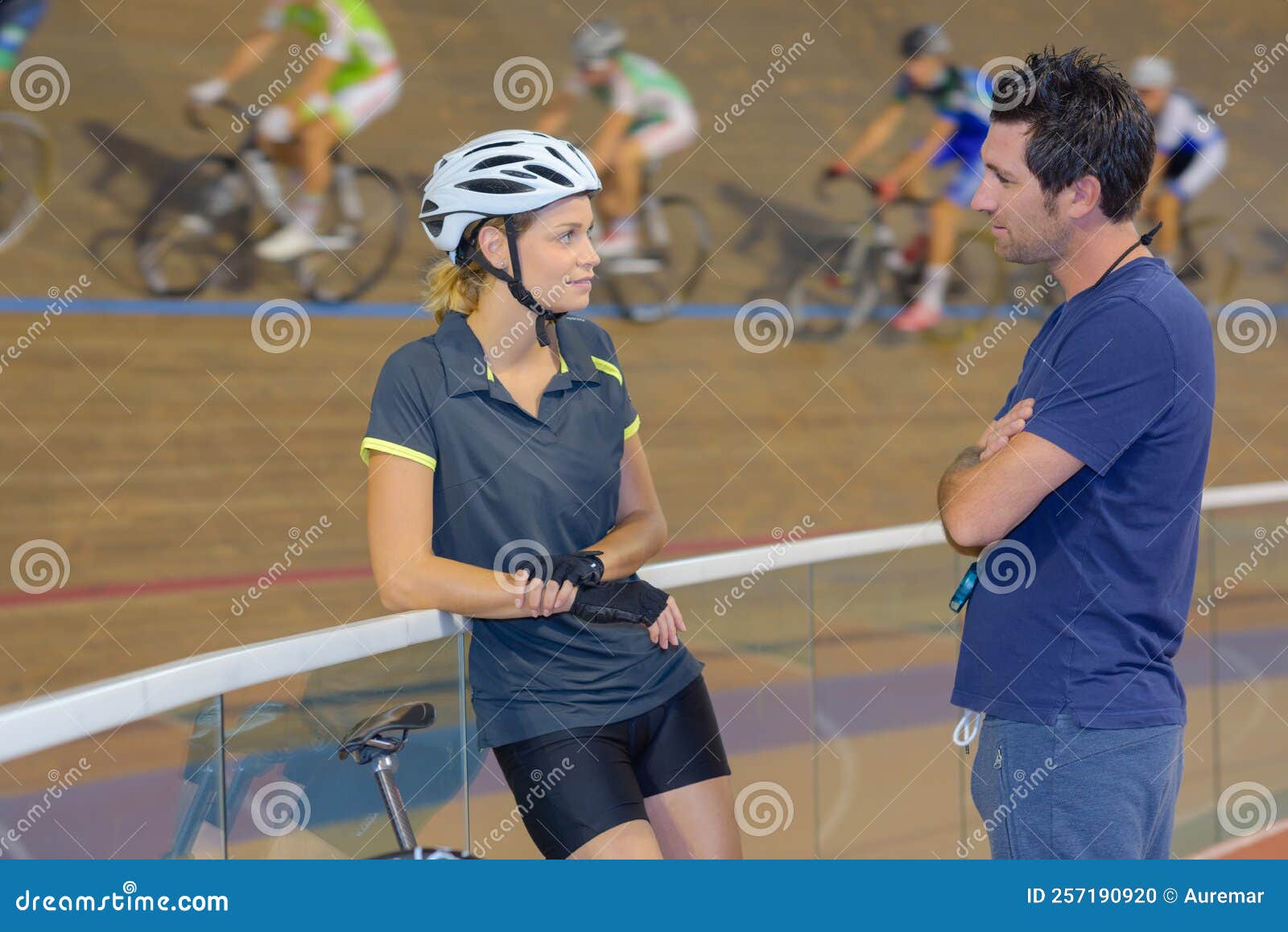 Female Cyclist at Velodrome with Coach Stock Photo - Image of ...