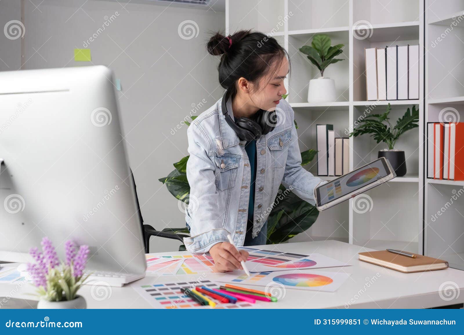 Female Designer Working in Graphic Design Choose Colors for Working on ...