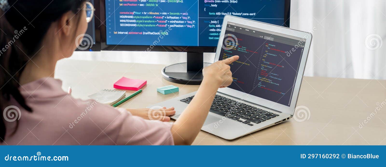 Female Developer Coding on Laptop while Computer Display Program. Burgeoning. Stock Photo ...