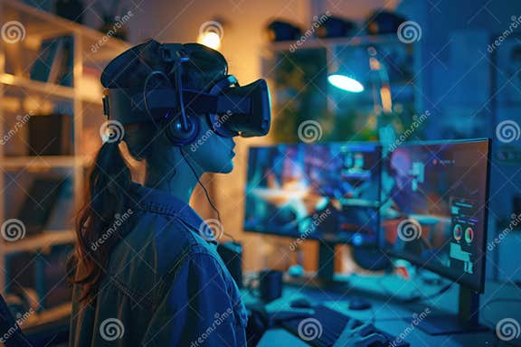 Female Developer Working on VR Project, Computer Screens and VR Models ...