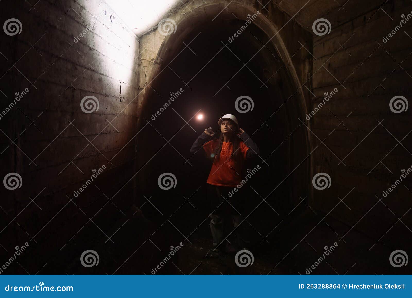 Female Digger with Flashlight Explores the Tunnel Stock Photo - Image ...