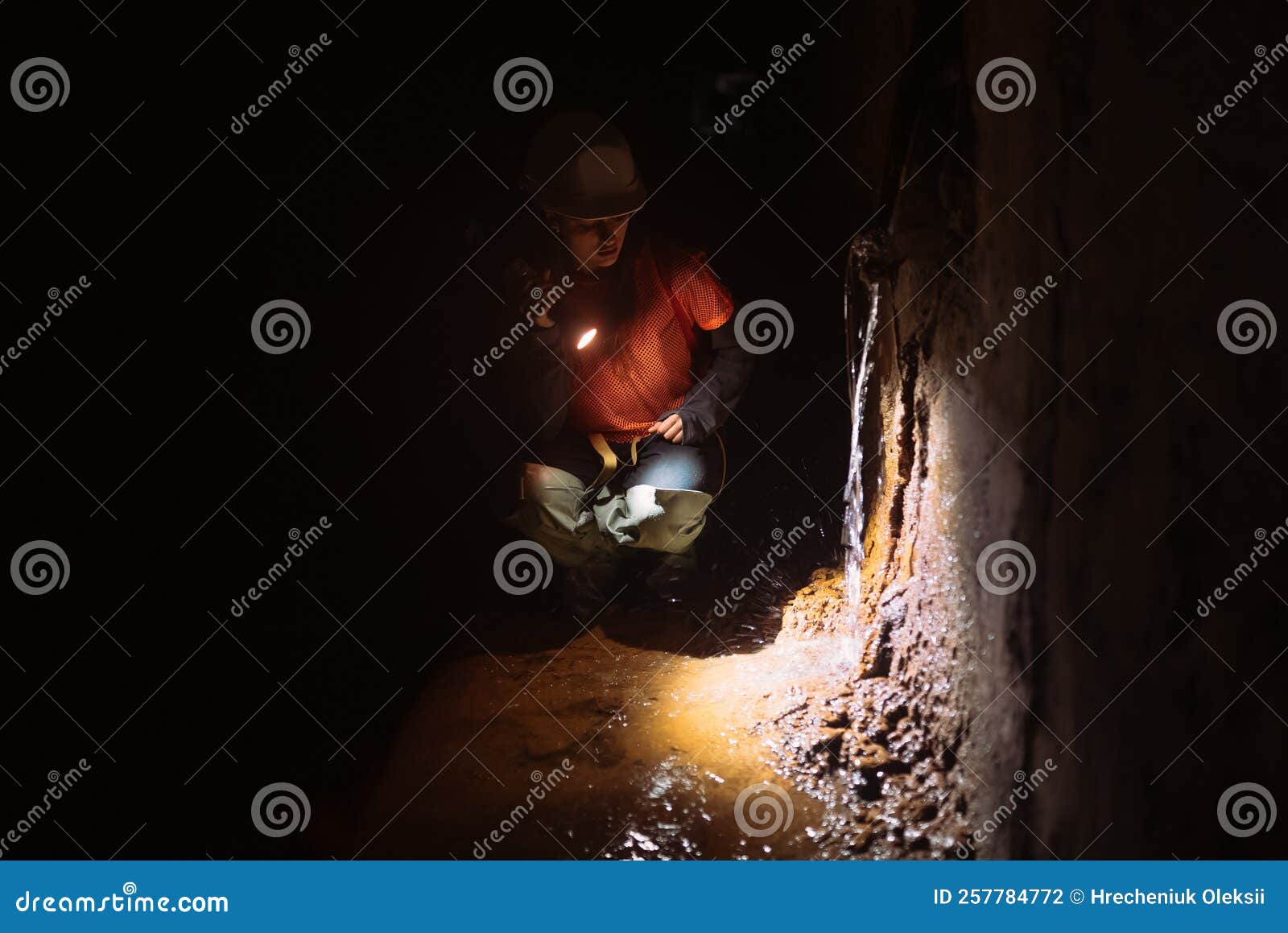 Female Digger with Flashlight Explores the Tunnel Stock Photo - Image ...