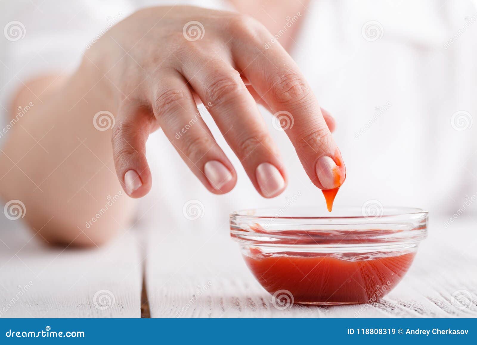 Female Dipping Finger in Tomato Ketchup Stock Image - Image of ketchup ...