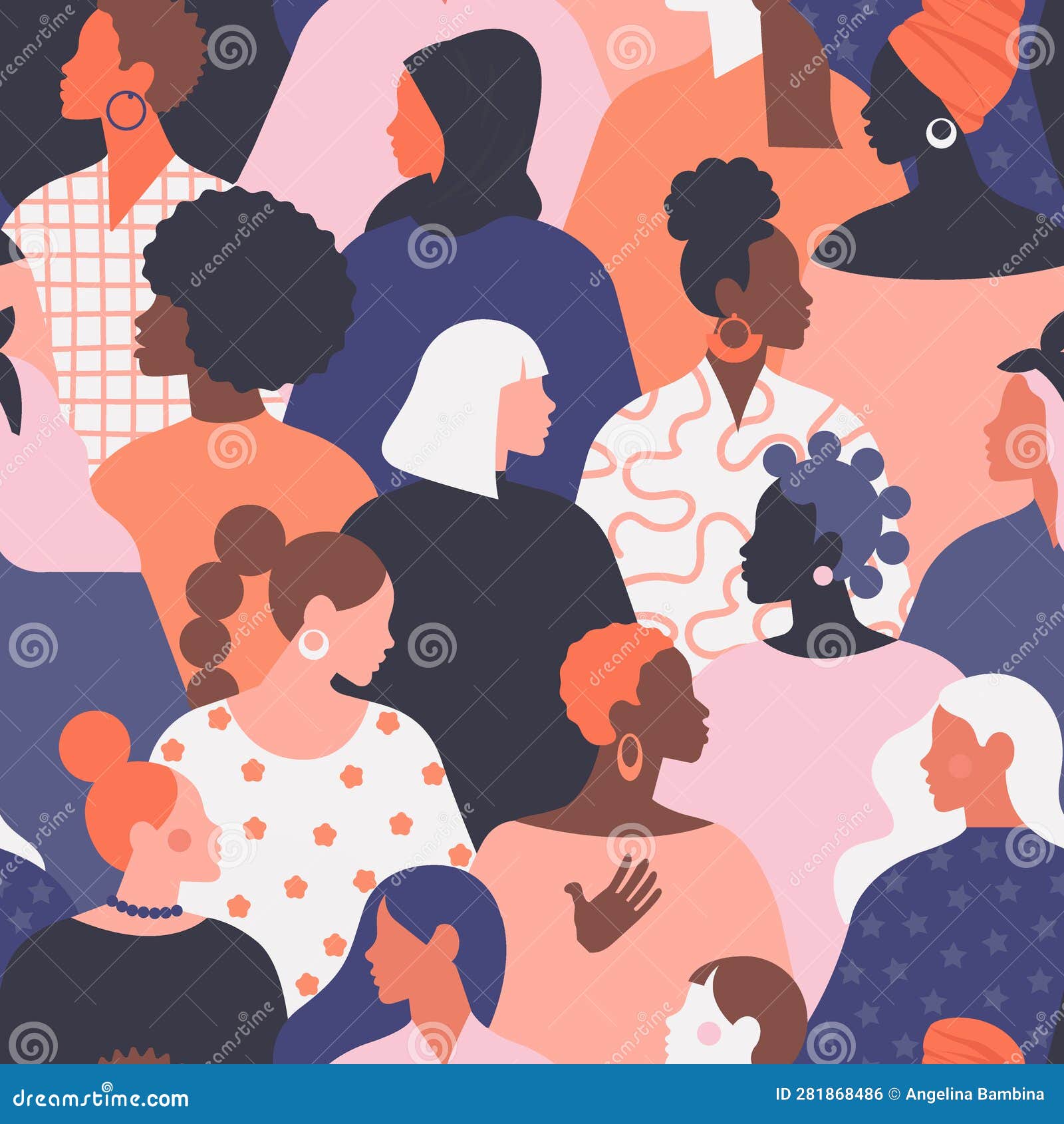 Female Diverse Faces Of Different Ethnicity Seamless Pattern Women