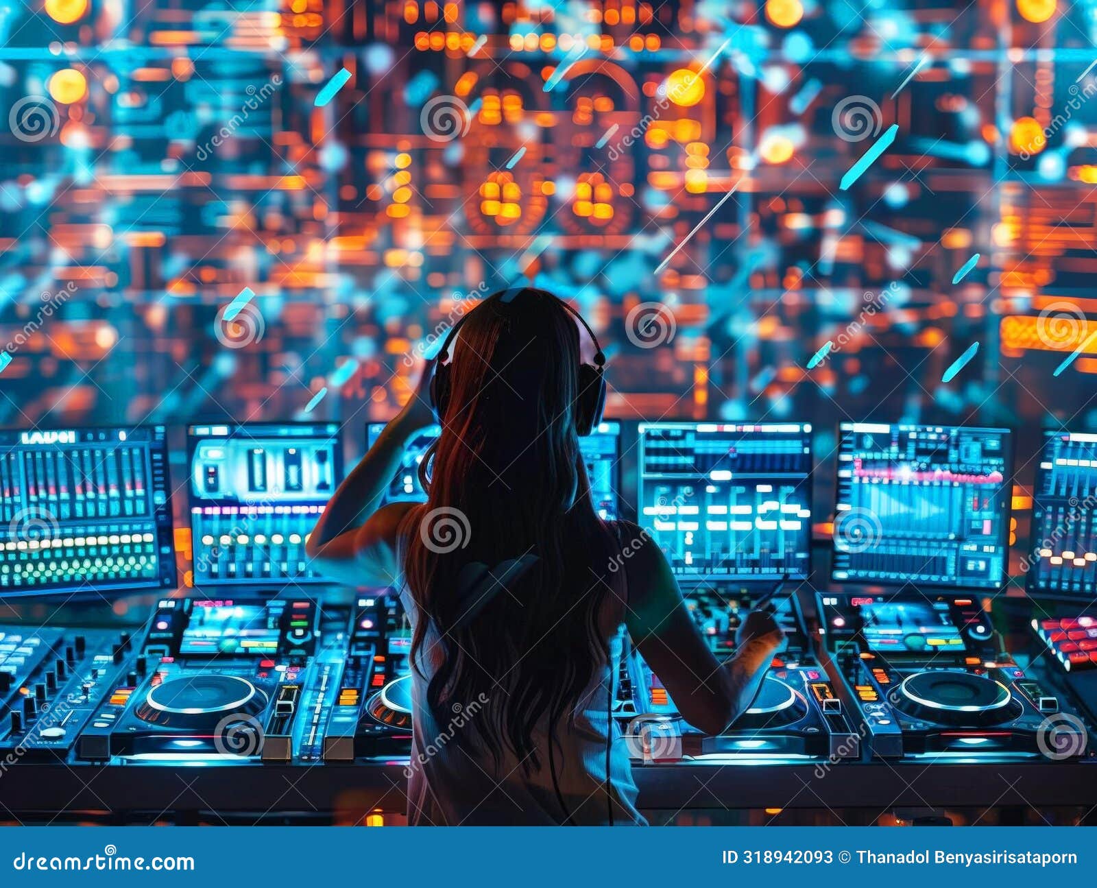 A Female DJ Mixing Tracks in a Hightech Studio, with Virtual Reality ...