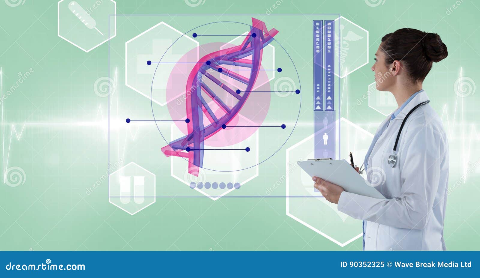 Female Doctor Analyzing DNA Structure on Screen Stock Image - Image of ...