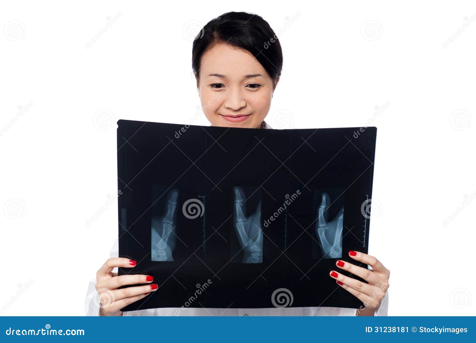 Female Doctor Analyzing Patient S X-ray Report Stock Image - Image of ...