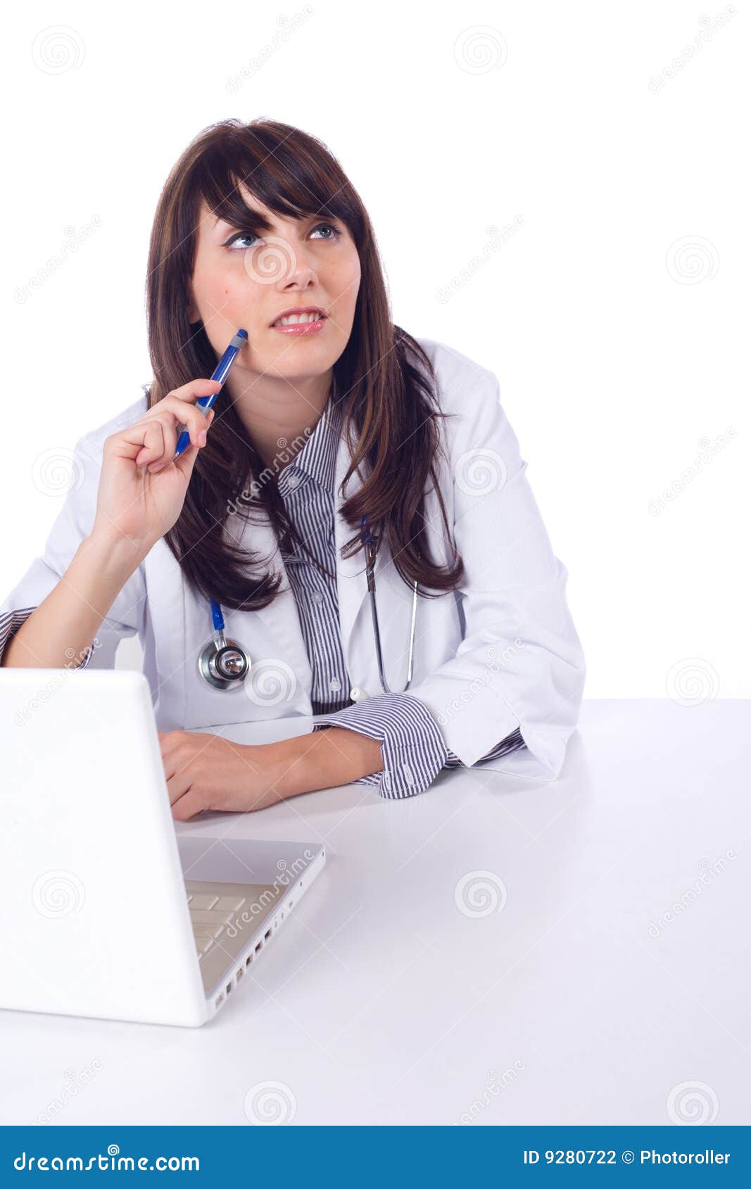 Female Doctor on Computer at Desk Stock Photo - Image of copy, care ...
