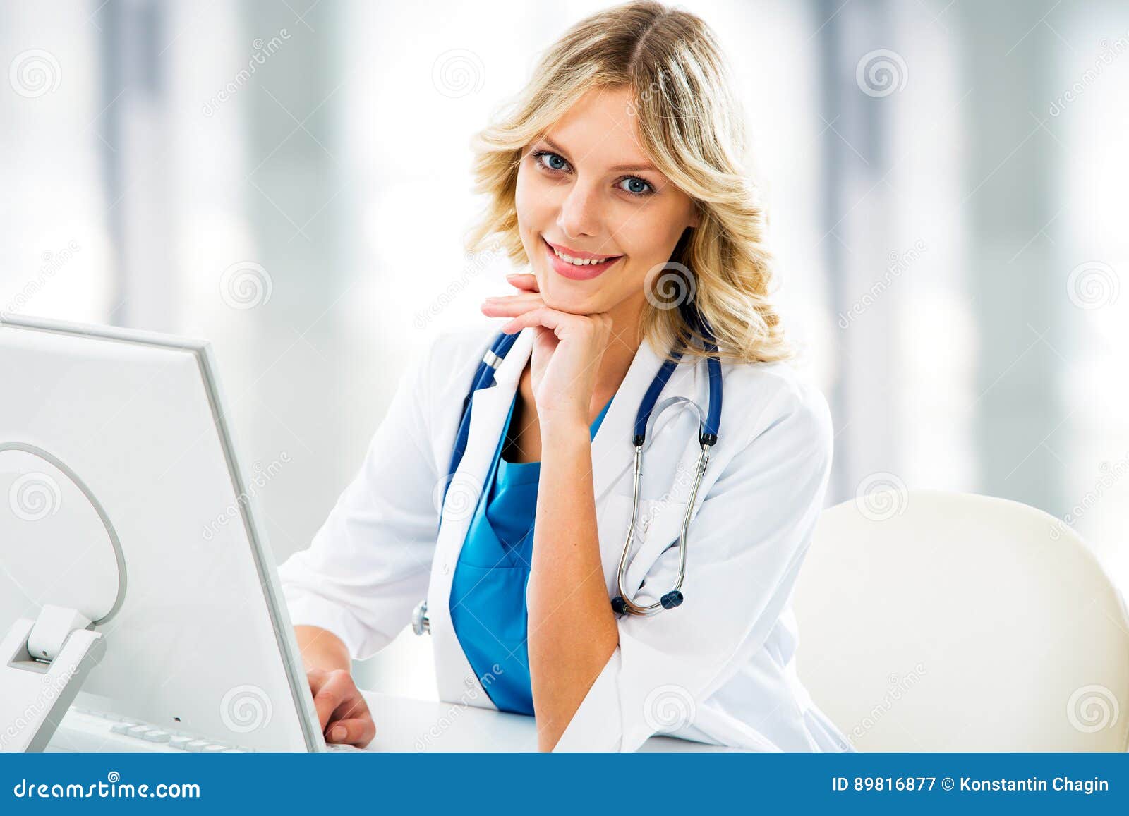 Female Doctor with Computer Stock Image - Image of camera, happiness ...