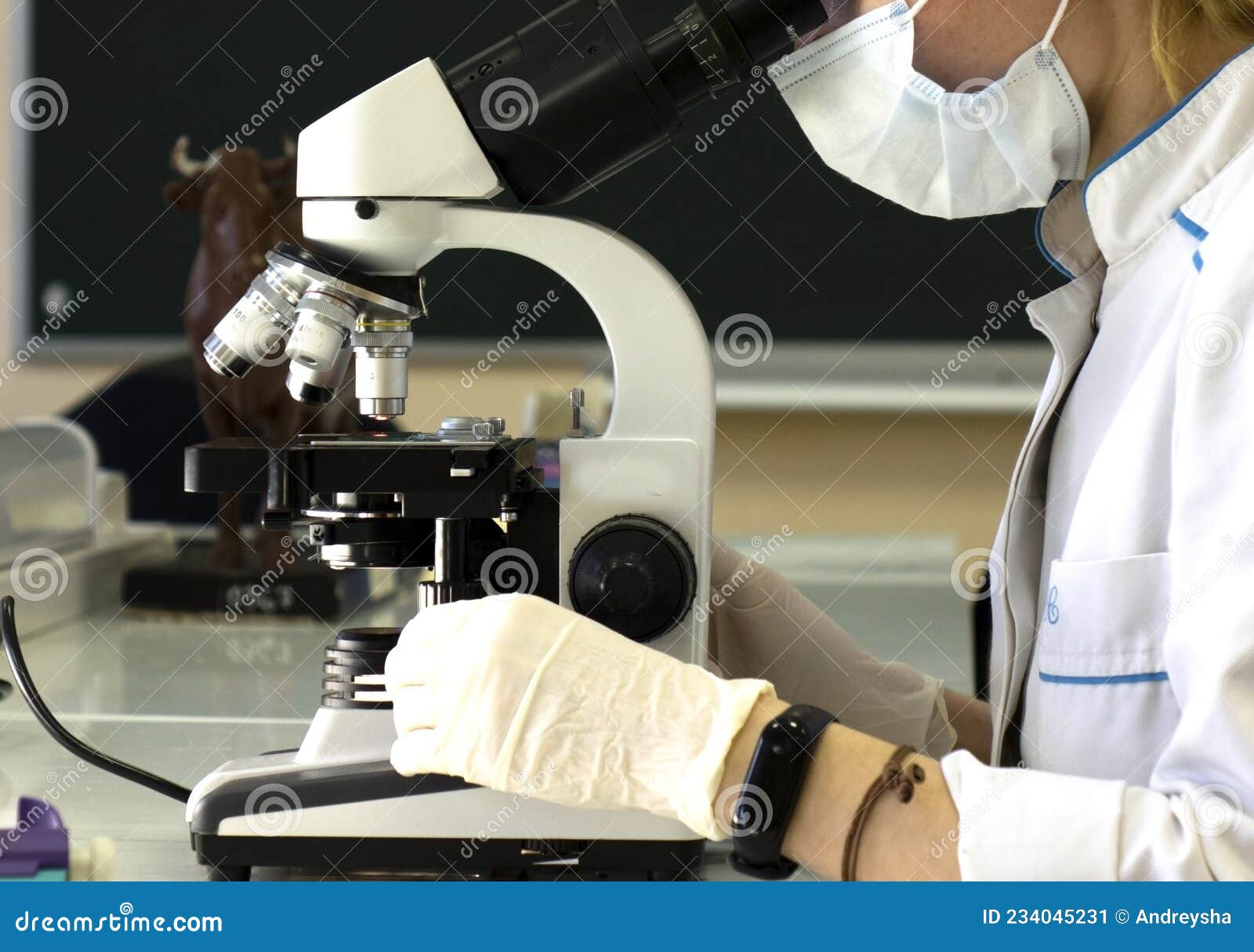 A Female Doctor Conducts Medical Research Using a Microscope. Stock ...