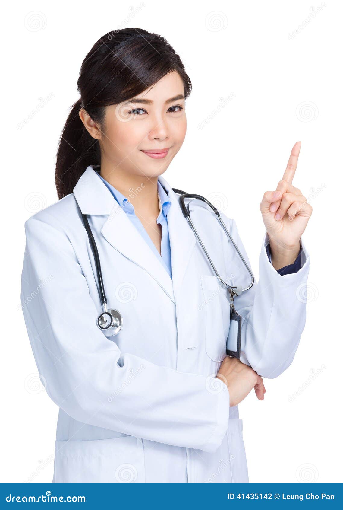 Female Doctor with Finger Point Up Stock Photo - Image of friendly ...