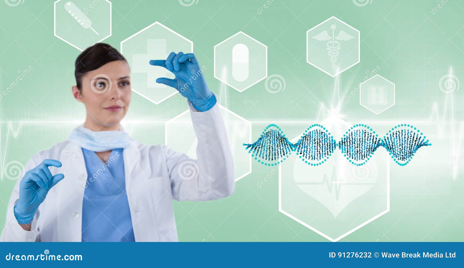 Female Doctor Gesturing by DNA Structure Stock Photo - Image of ...