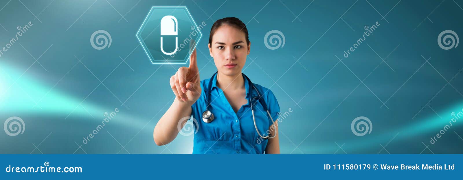 Female Doctor Interacting with Medication Pill Icon in Hexagon ...