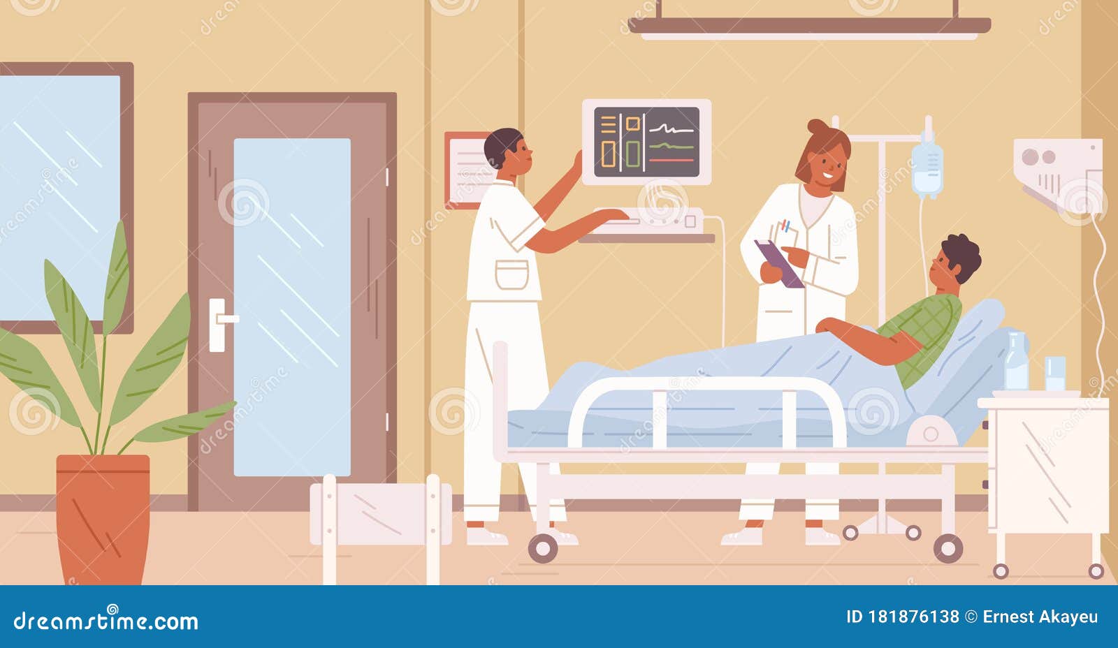 Female Doctor And Nurse Visit Male Patient In Intensive Therapy Room At