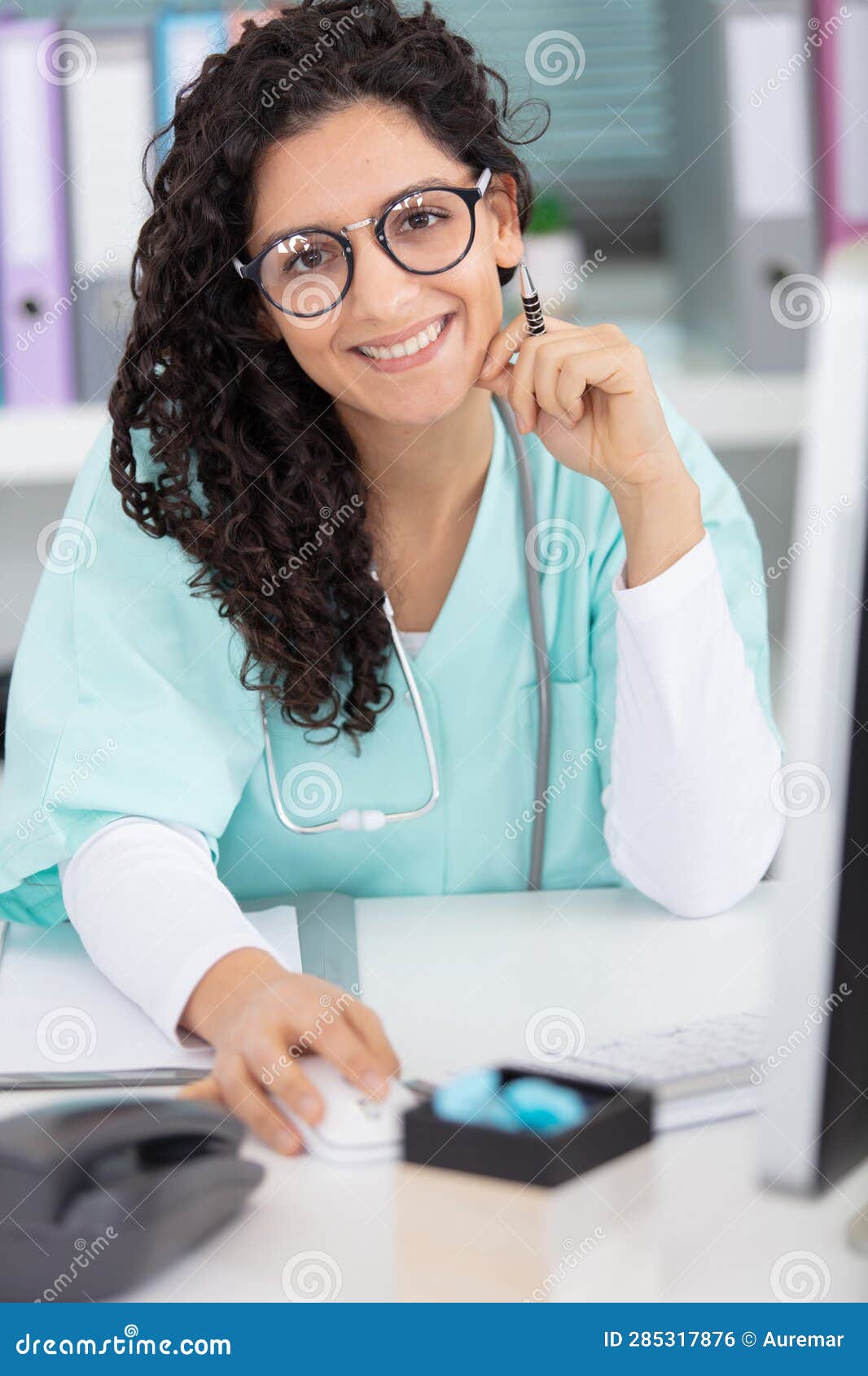 Female Doctor in Office Working at Computer Stock Photo - Image of ...
