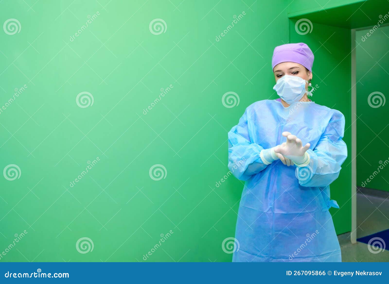 A Female Doctor In A Surgical Uniform Pulls Sterile Gloves On Her Hand