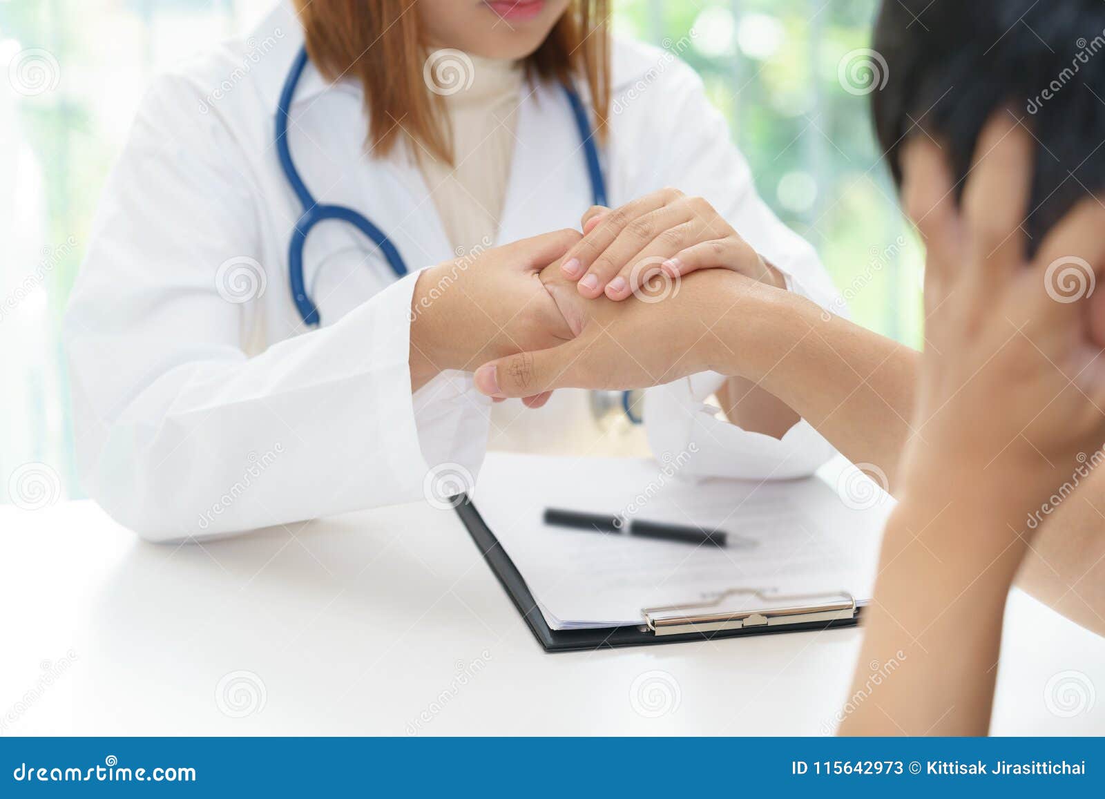 Female Doctor Touching Patient Hands for Cheerful Stock Image - Image ...
