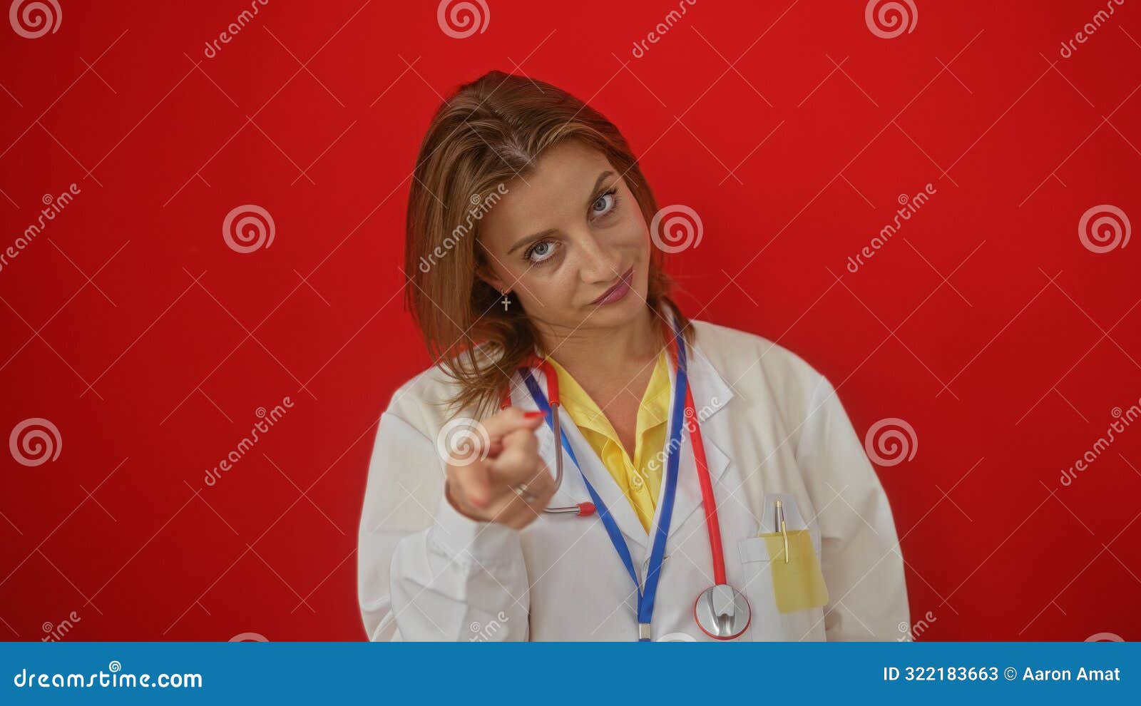 Female Doctor In White Coat Pointing At The Camera With A Stethoscope