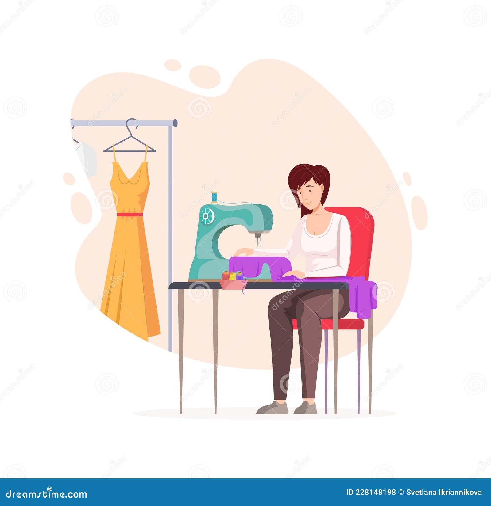 Woman Seamstress Using Her Sewing Machine Coloring Book Page Cartoon