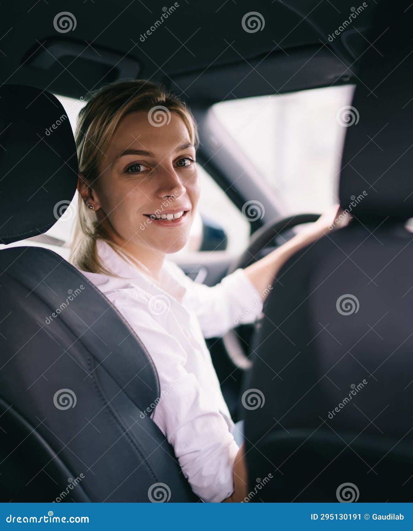 Female Driver in Car Looking at Camera Stock Image - Image of copy ...