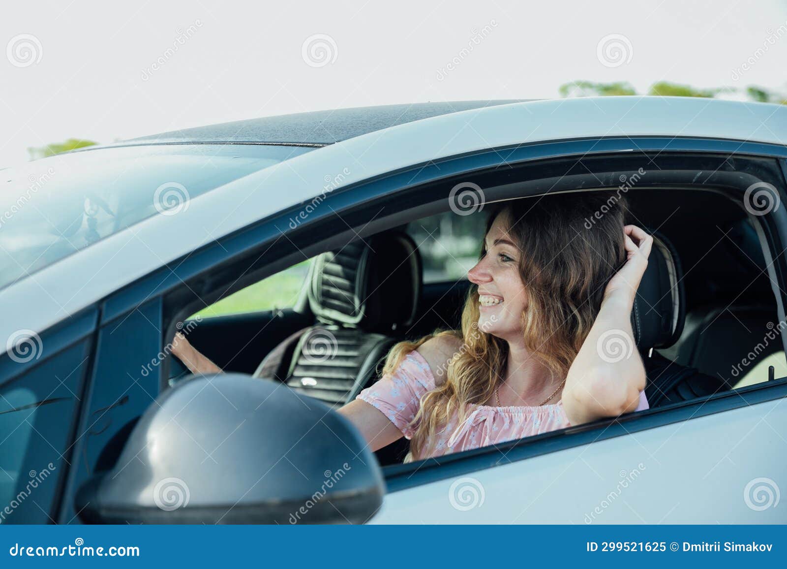 Beautiful Female Driver Driving a White Car on the Road Stock Image ...