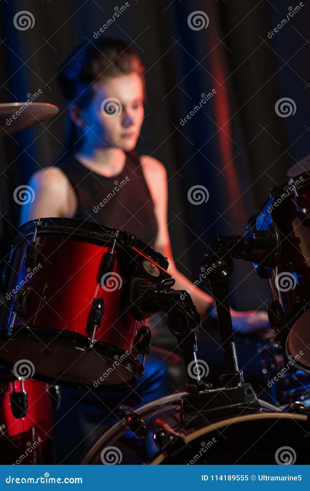 Female at drumset stock image. Image of party, beautiful - 114189555