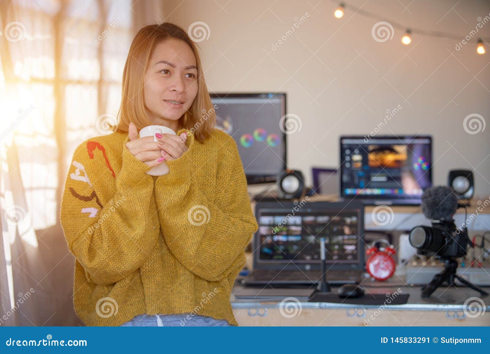 The Female Editor Enjoying Coffee Cup Stock Image - Image of creator ...