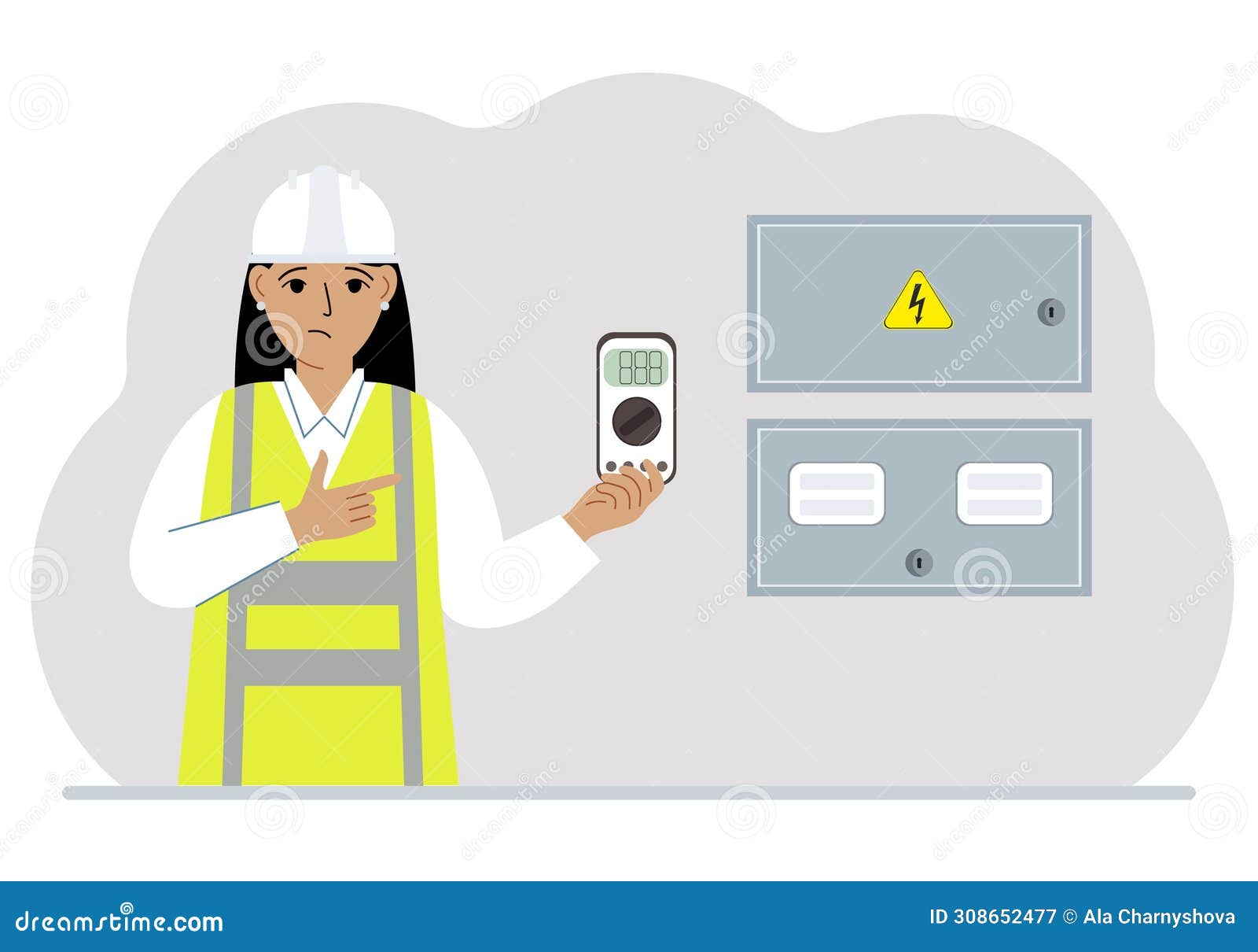 A Female Electrical Engineer Holds a Digital Multimeter in His Hand and ...