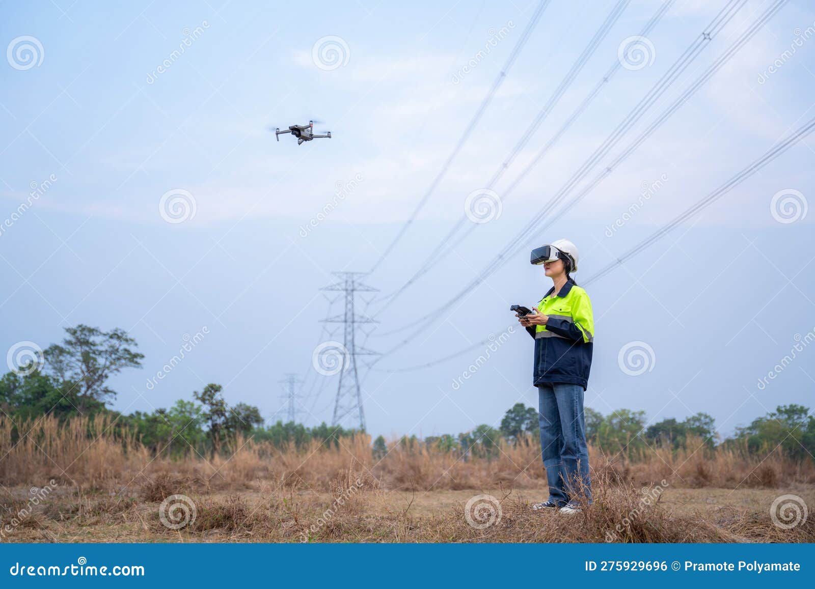 A Female Electrical Engineer Wearing Vr Goggles Using Drone To Fly ...
