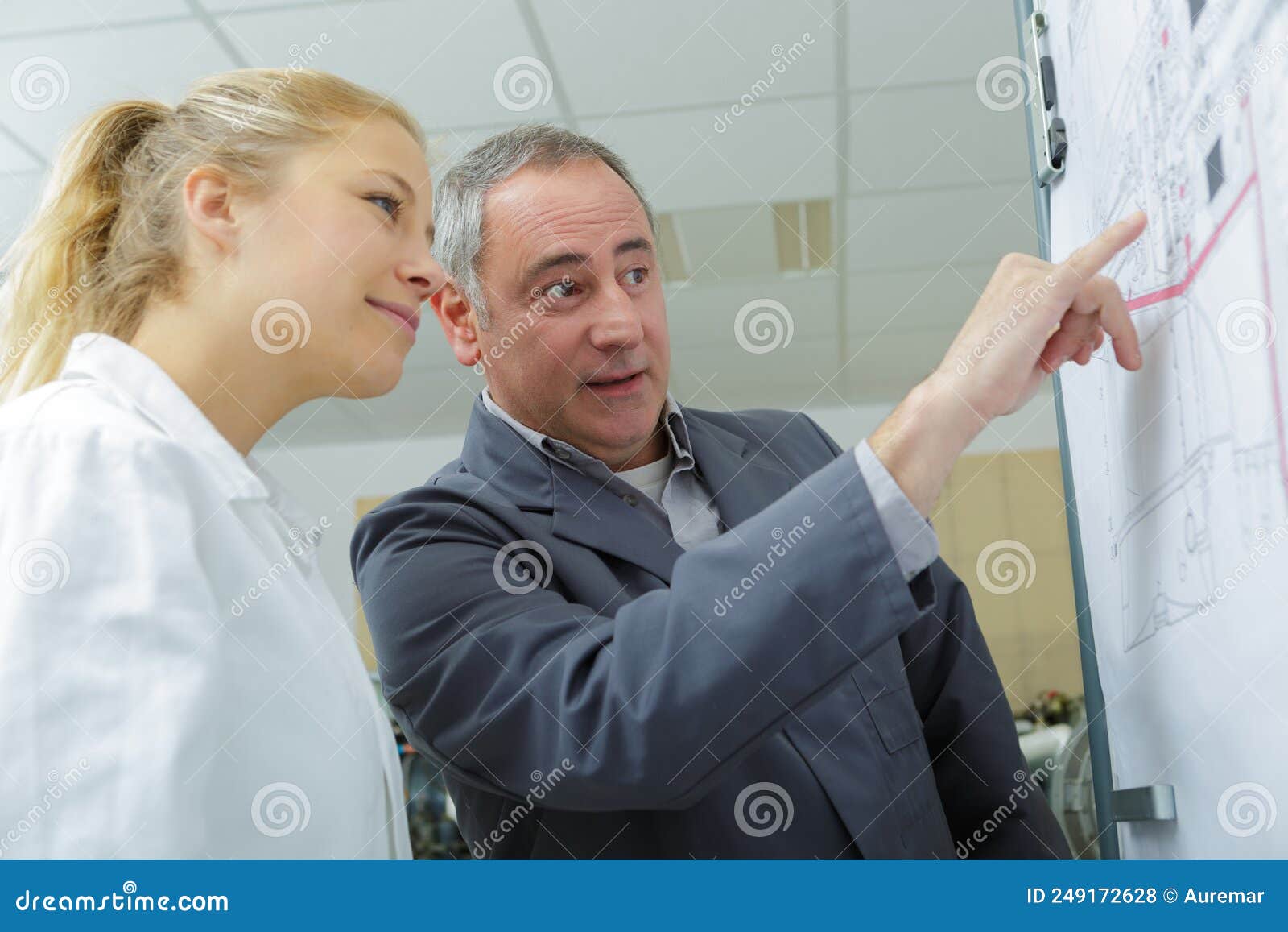 Female Electrical Engineering Apprentice Studying Blueprint Stock Photo ...