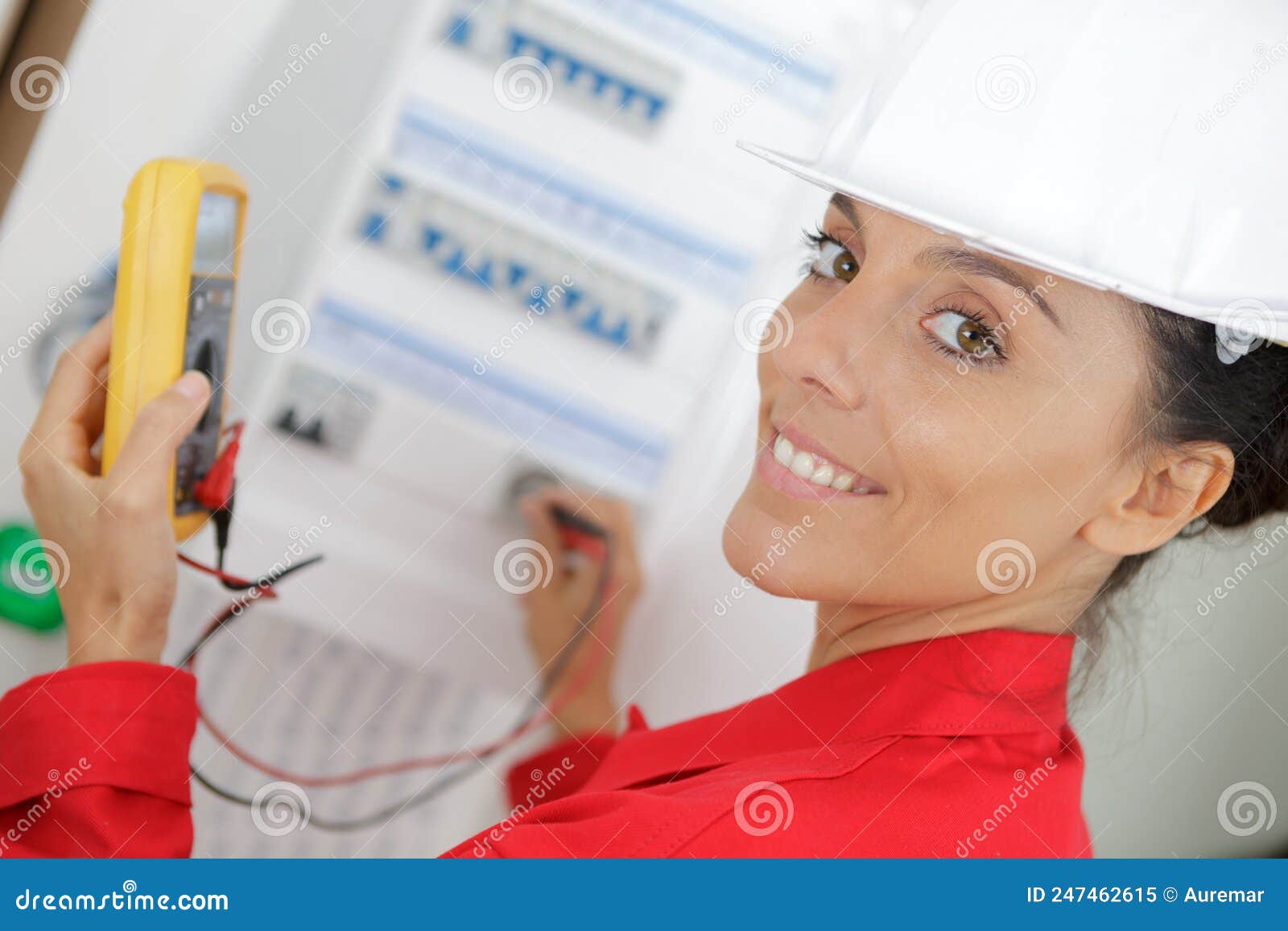 Female Electrician Using Multi Meter on Circuit Breaker Box Stock Image ...