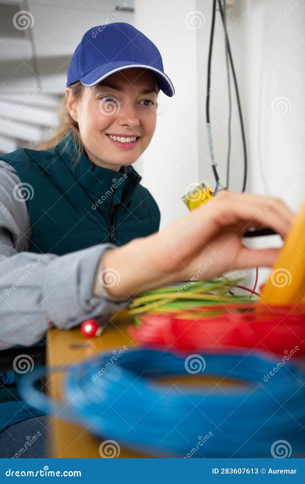 Female Electrician Working with Cables Indoors Stock Image - Image of ...