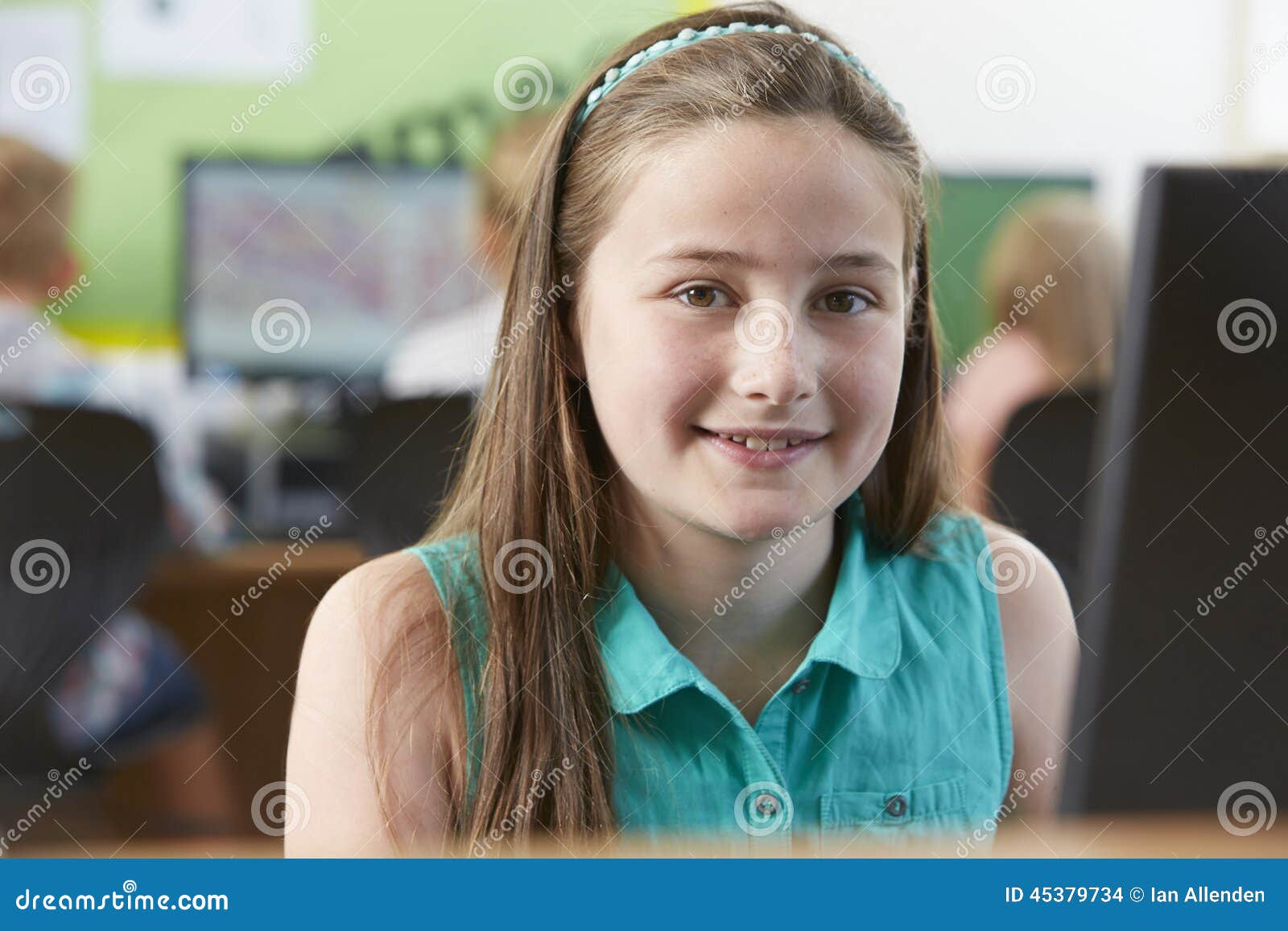 Female Elementary School Pupil in Computer Class Stock Photo - Image of ...