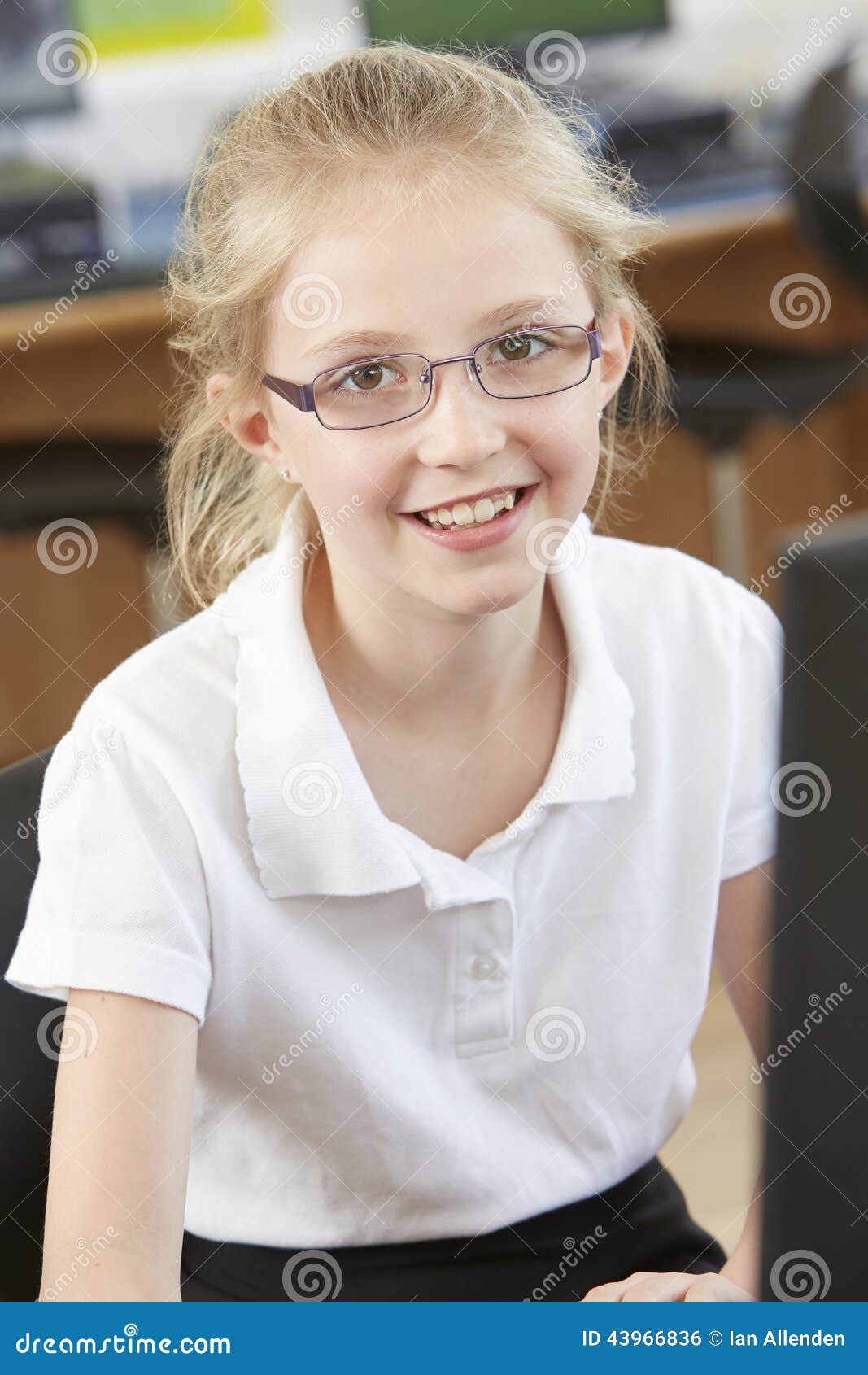 Female Elementary School Pupil in Computer Class Stock Photo - Image of ...