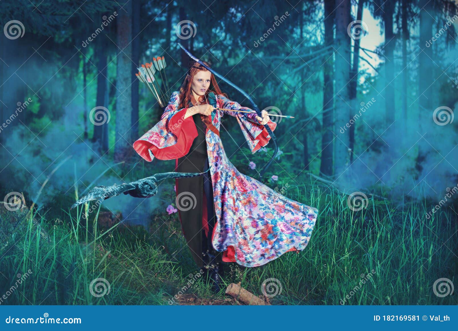 Female Elf with Bow in a Magic Forest Stock Image - Image of fantasy ...